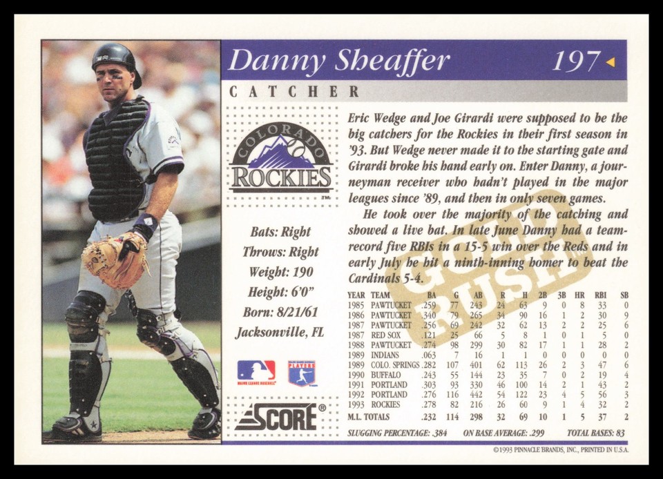 1994 Score #197 Danny Sheaffer Colorado Rockies Gold Rush Baseball Card ...