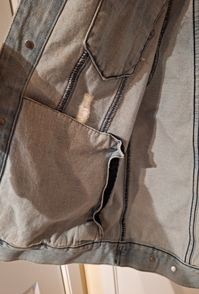 XXX RUDE Denim Vest w/Hood Distressed Jean Jacket XL Trucker Biker Punk ...