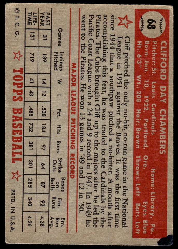 1952 TOPPS CLIFF CHAMBERS 68 POOR BASEBALL ST. LOUIS CARDINALS | eBay