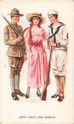 Archie Gunn Postcard WWI Soldier, Sailor and Woman in Pink Artist ...