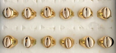NEW 12 pieces Cowrie Cowry Shell Metal Gold Tone Brass Ring Assorted ...
