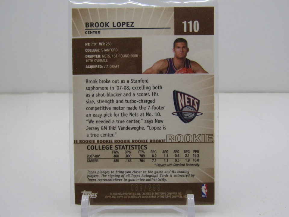 BROOK LOPEZ 2008 TOPPS CO-SIGNERS ROOKIE RC #080/299! NEW JERSEY NETS ...