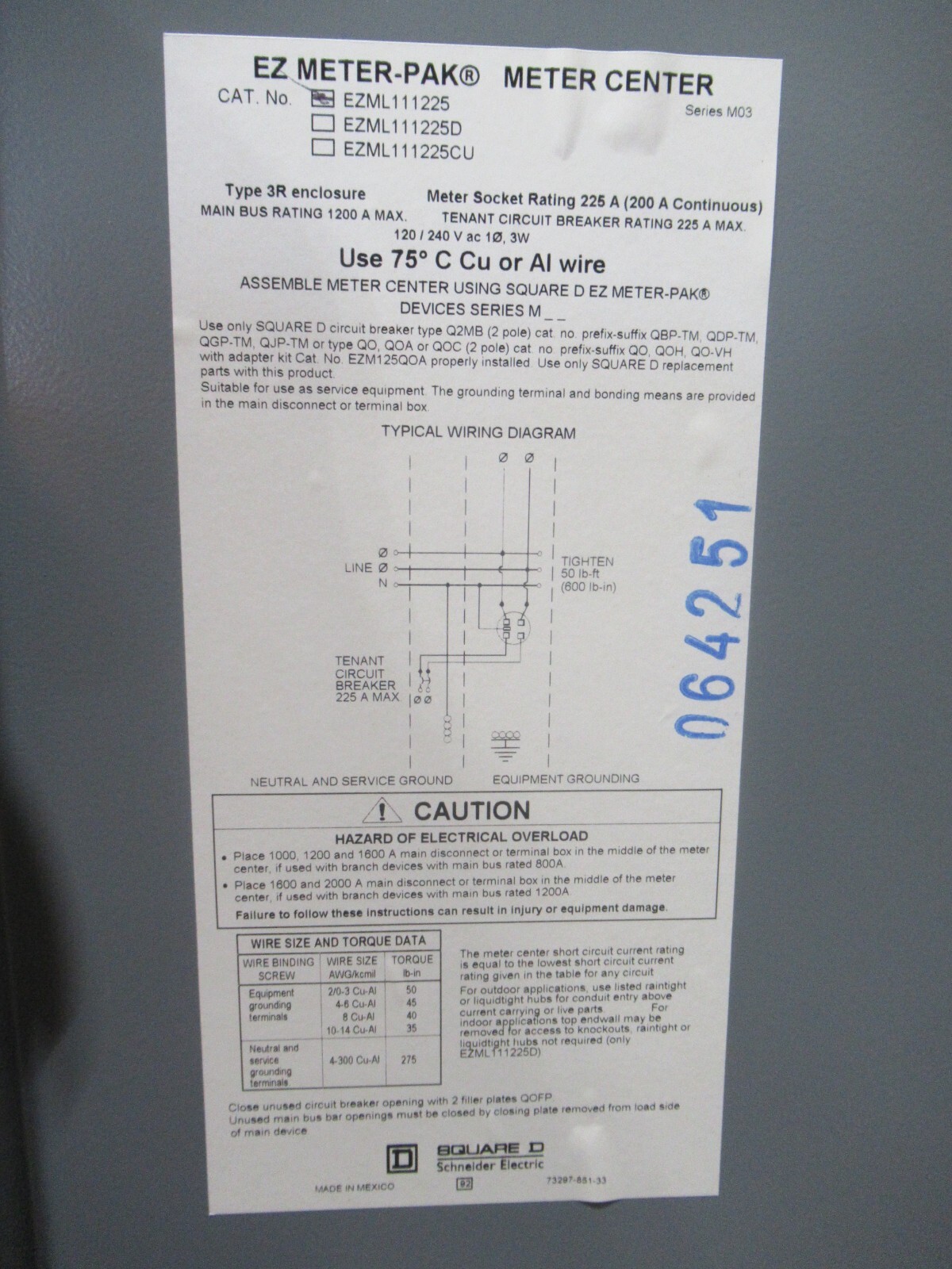SQUARE D EZML111225, 1200A, 120/240V, Meter Stack (1) 225A Socket-MB122 ...
