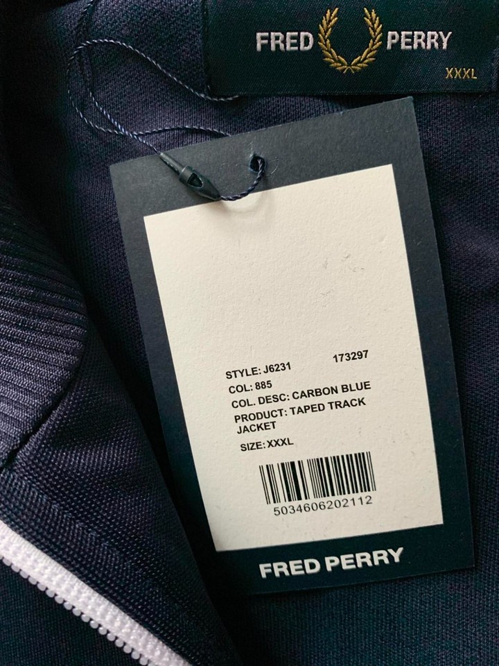FRED PERRY TAPED TRACK JACKET CARBON BLUE FULL ZIP J6231 885 NEW WITH ...