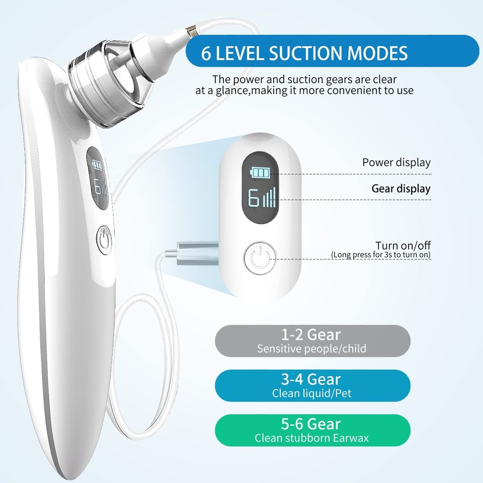 Ear Wax Vacuum Removal Electric, Ear Cleaner,LED Display 6 Levels ...