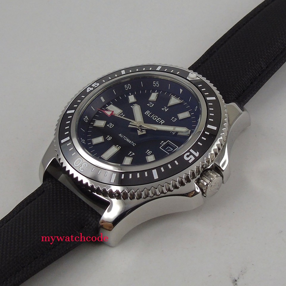 44mm bliger black dial luminous date window leather strap Automatic ...