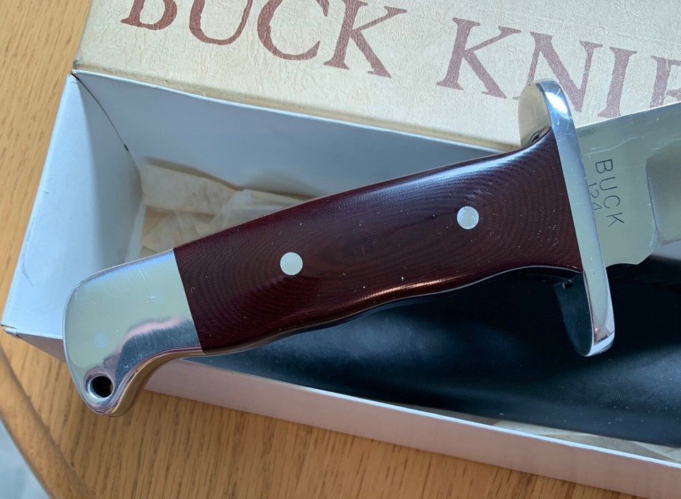VERY RARE BUCK 124 RED MICARTA FRONTIERSMAN KNIFE NEVER USED IN BOX ...