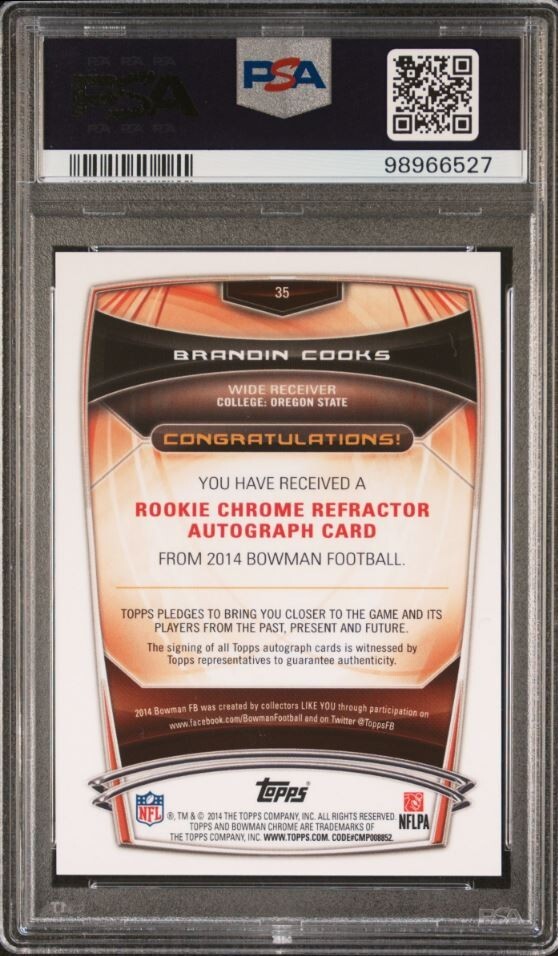 Brandin Cooks 2014 Bowman Rookie RC Chrome Refractor Autograph #35 PSA ...