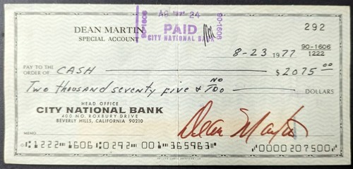 1977 Dean Martin Signed Cheque Check City National Bank Autographed JSA ...