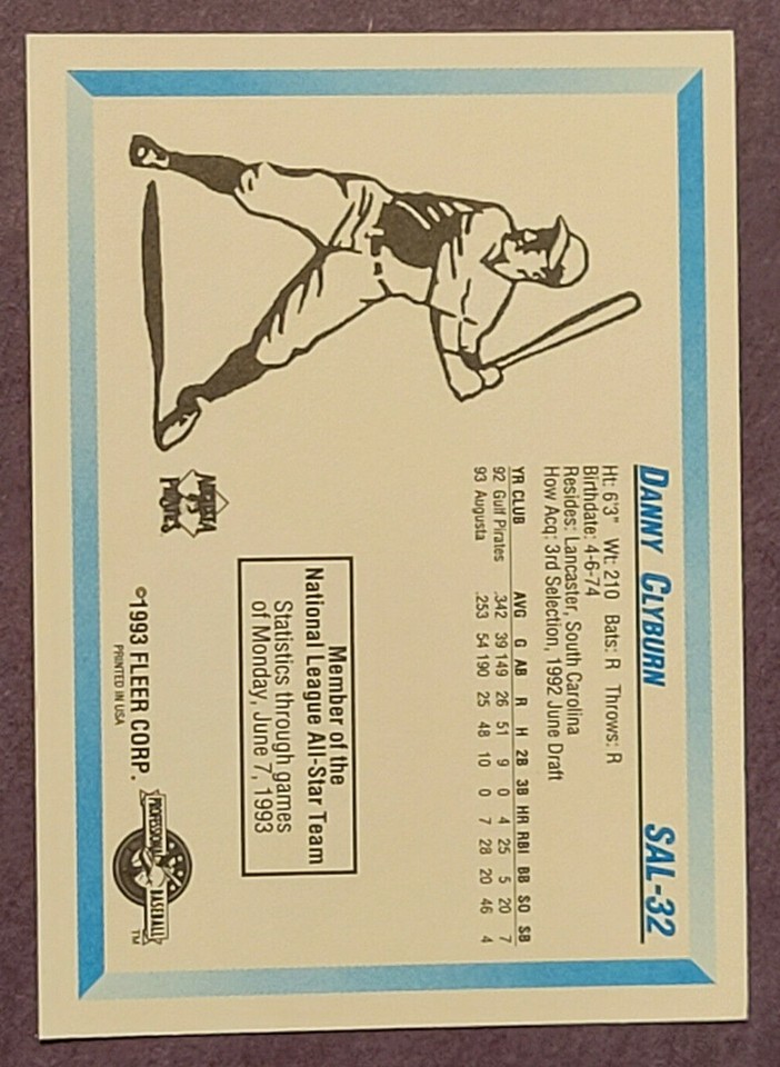 1993 Fleer ProCards South Atlantic #SAL-32 DANNY CLYBURN - Augusta ...