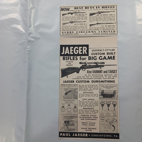 1956 VINTAGE PRINT ADS LOT OF 2 FEATURING PAUL JAEGER & GLOBE FIREARMS ...