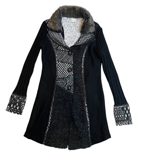 Sioni Cardigan Long Sweater Boho Eclectic Women's Medium Black Wool ...