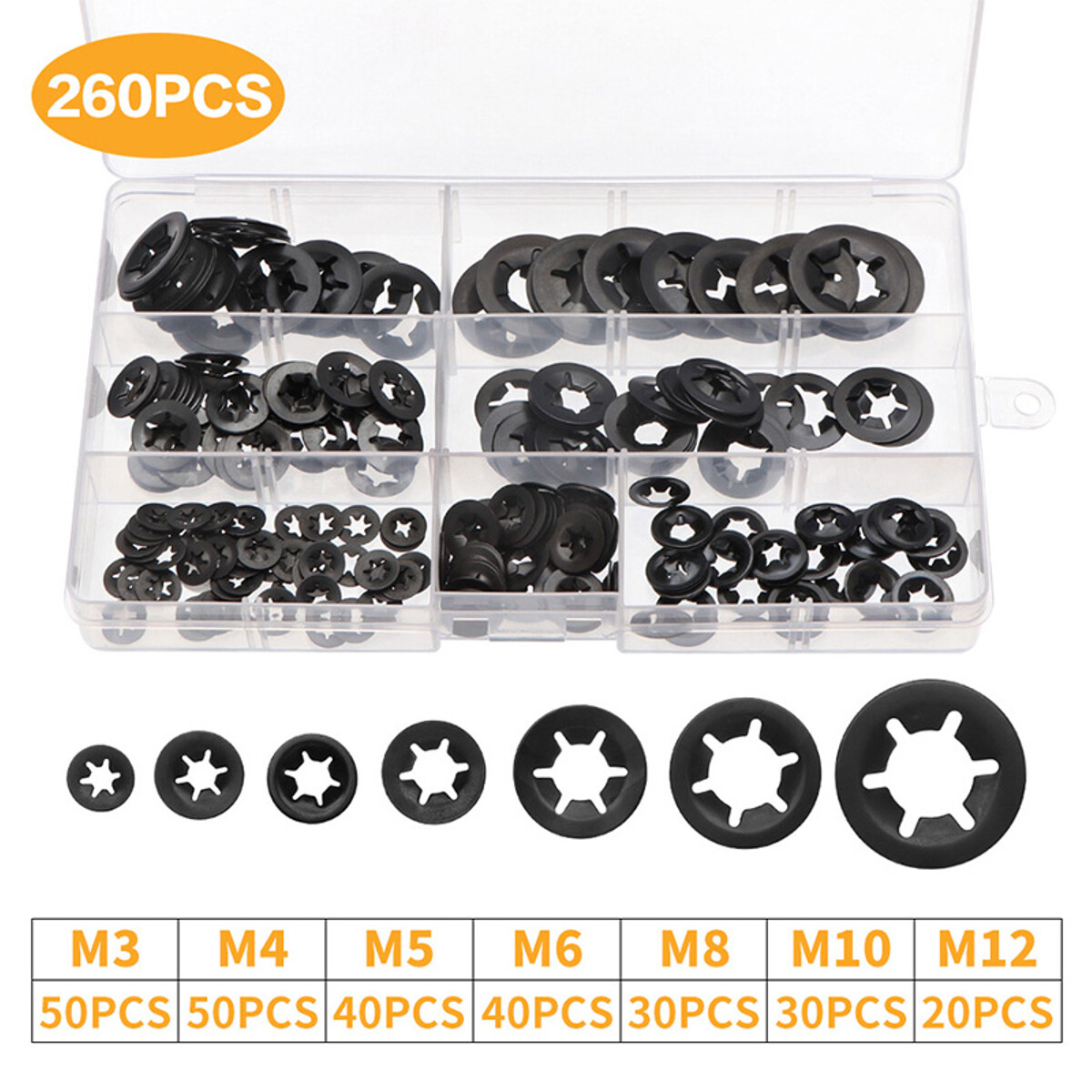 260pc Starlock Washers Push On Lock Star Nut Fastener Clips Lock Set M4 ...