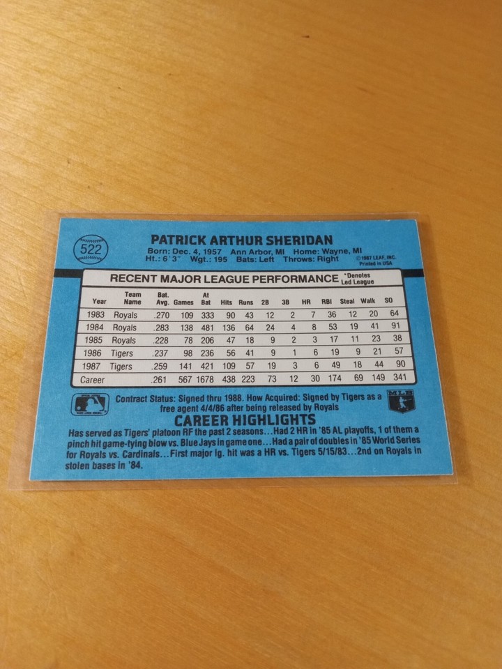 1988 DONRUSS #522 PAT SHERIDAN Detroit Tigers Baseball Card, Outfield ...