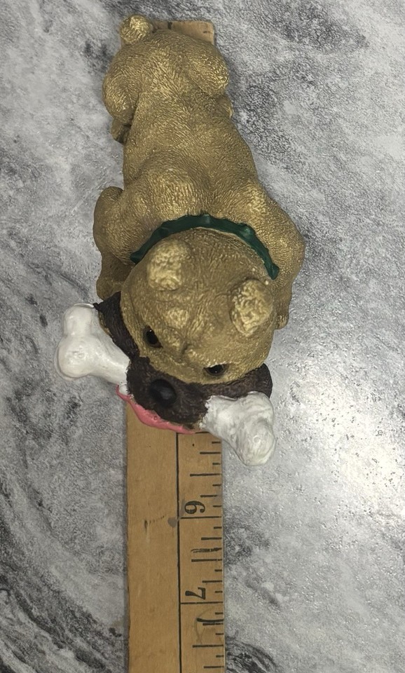 Hand Cast English Bulldog Puppy Bone In Mouth Green Studded Collar Made ...