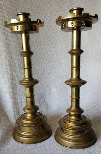 Antique Jones & Willis Pair Castellated Gothic Revival Heavy Brass ...