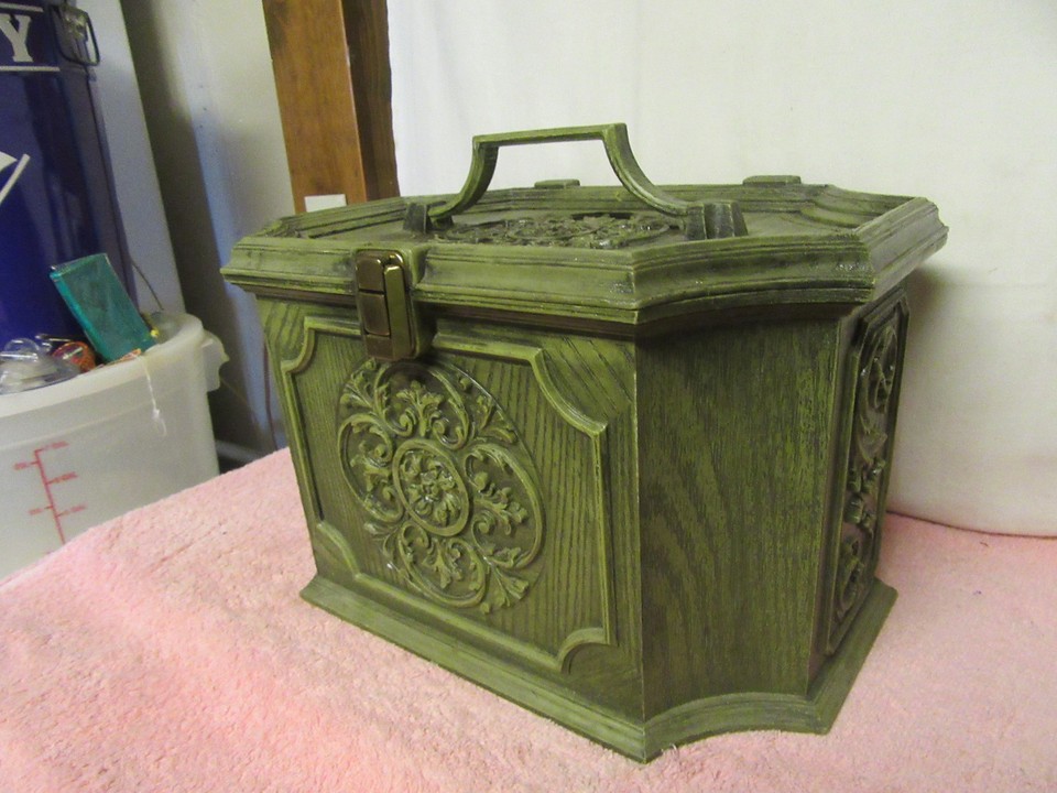 Vintage Max Klein Sewing Box - Avocado Green Ornate Plastic - Mid ...