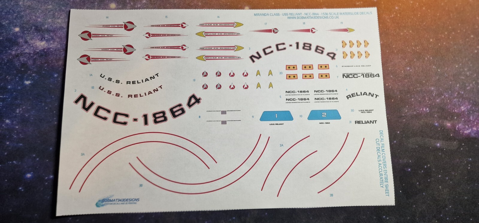 STAR TREK MIRANDA CLASS USS RELIANT Decal Set for 1/537 Scale Model Kit ...