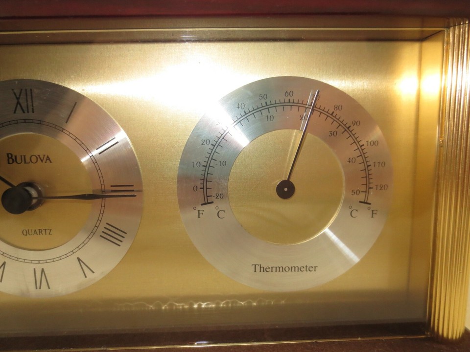 Bulova Clock & Thermometer Desk or Mantel Brass w Wood frame | eBay