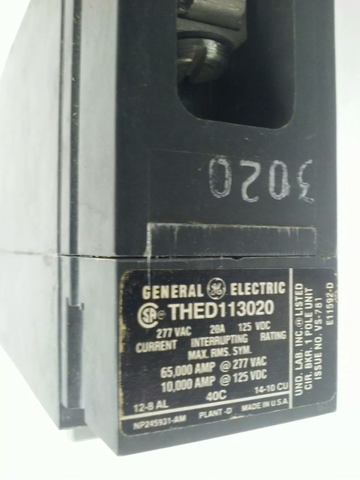 GENERAL ELECTRIC THED113020 CIRCUIT BREAKER 1P 277VAC 125VDC 20A (LOT ...