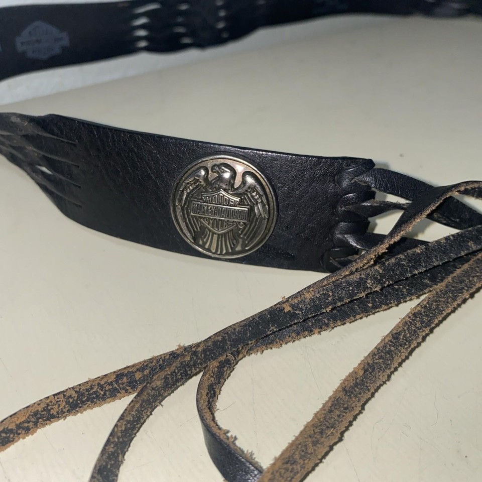 Harley Davidson Black Leather Tassel Tie Belt Silver Emblem Size M ...