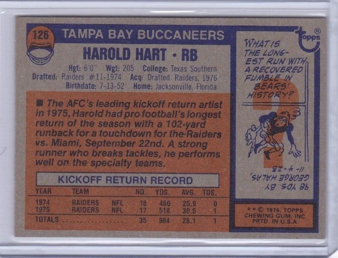 1976 Topps Football #126 HAROLD HART TAMPA BAY BUCCANEERS IDBB | eBay