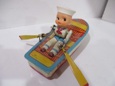 SAILOR BOY ROWING BOAT- WIND-UP- MADE IN JAPAN- ALL TIN- EXCELLENT COND ...