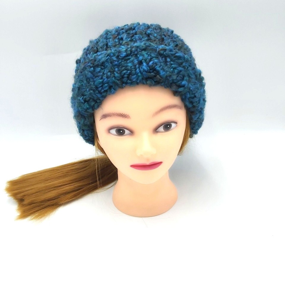 Chunky Beanie Slouch Hat Toque Cream Pompom M-L Teal Blue Handmade Loom ...
