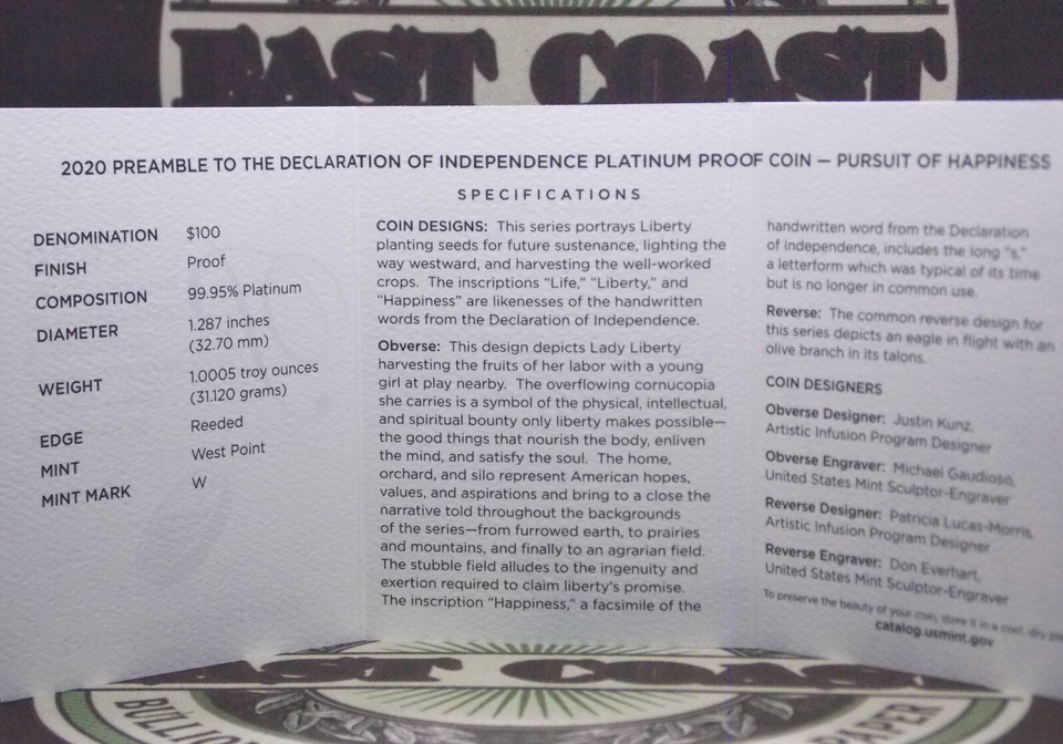 2020 "W" $100 Proof 1oz 9995 PLATINUM Preamble Decleration *HAPPINESS ...