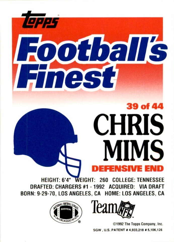 1992 Topps Football's Finest Chris Mims . San Diego Chargers #39 | eBay