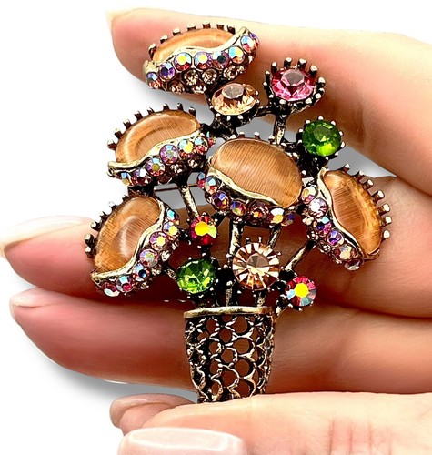 3D SUNFLOWERS BROOCH Pin 2.5” AB Multi Rhinestones Goldtone Basket ...