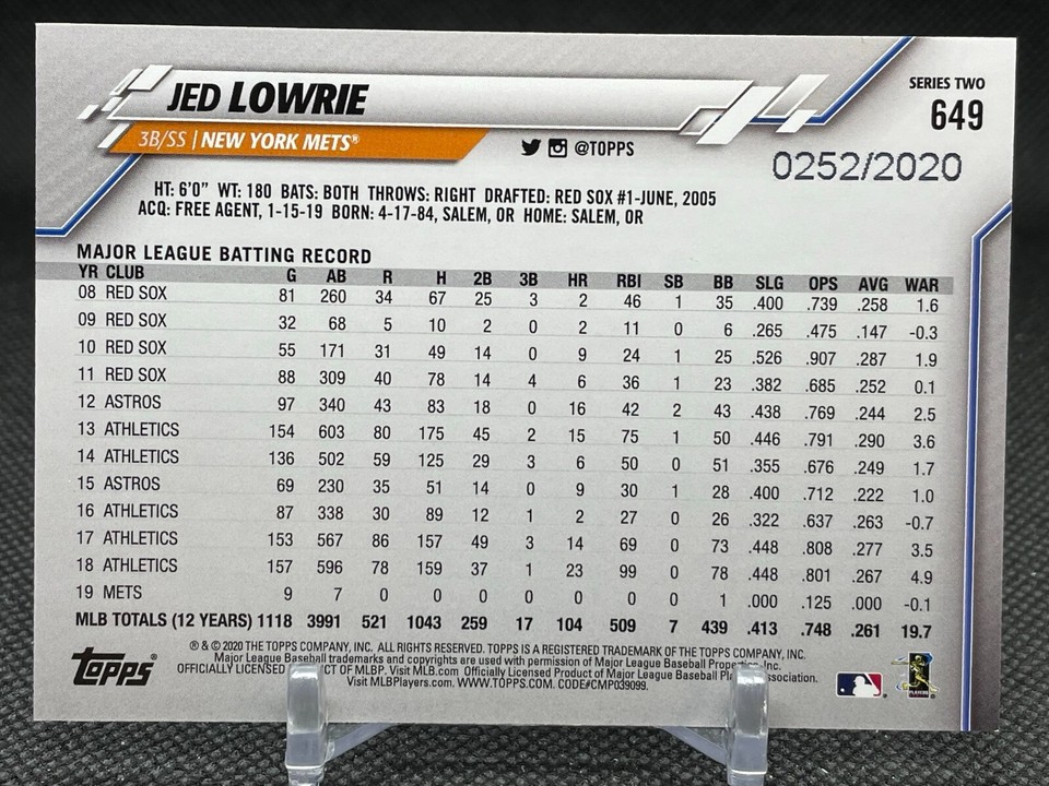 2020 Topps Jed Lowrie Gold #0252/2020 Baseball Card | eBay