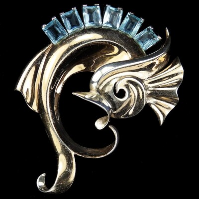 MB Boucher Sterling Gold and Square Cut Aquamarines Swirling Fish Pin ...