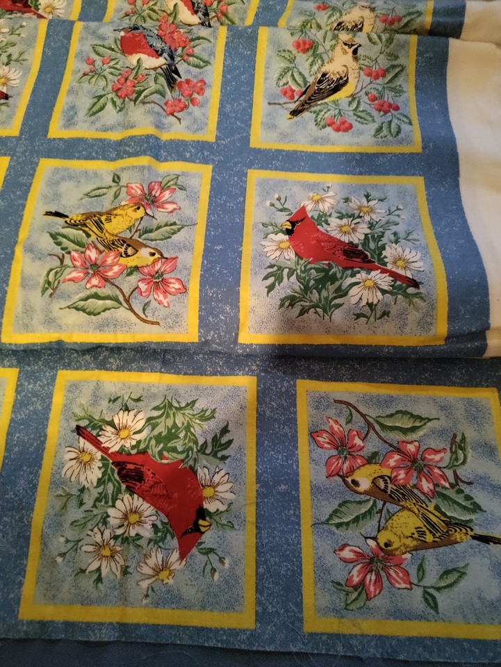 Vintage 1999 Fabric Traditions Spring Birds in Yellow Squares on Blue ...