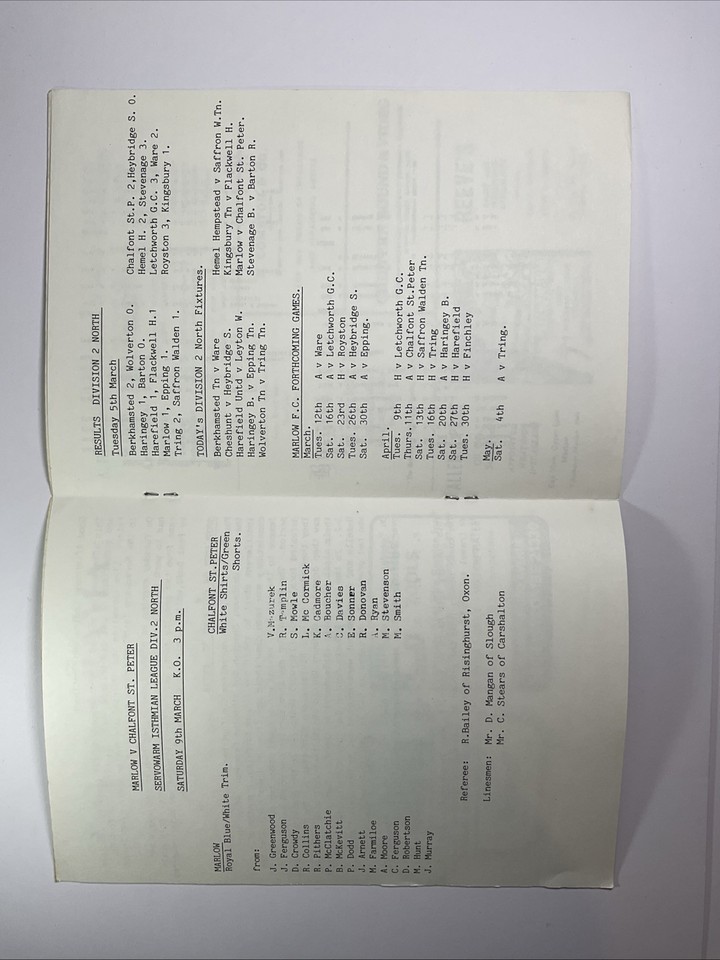 Marlow v Chalfont St Peter; Isthmian League, 9th March 1985 | eBay UK