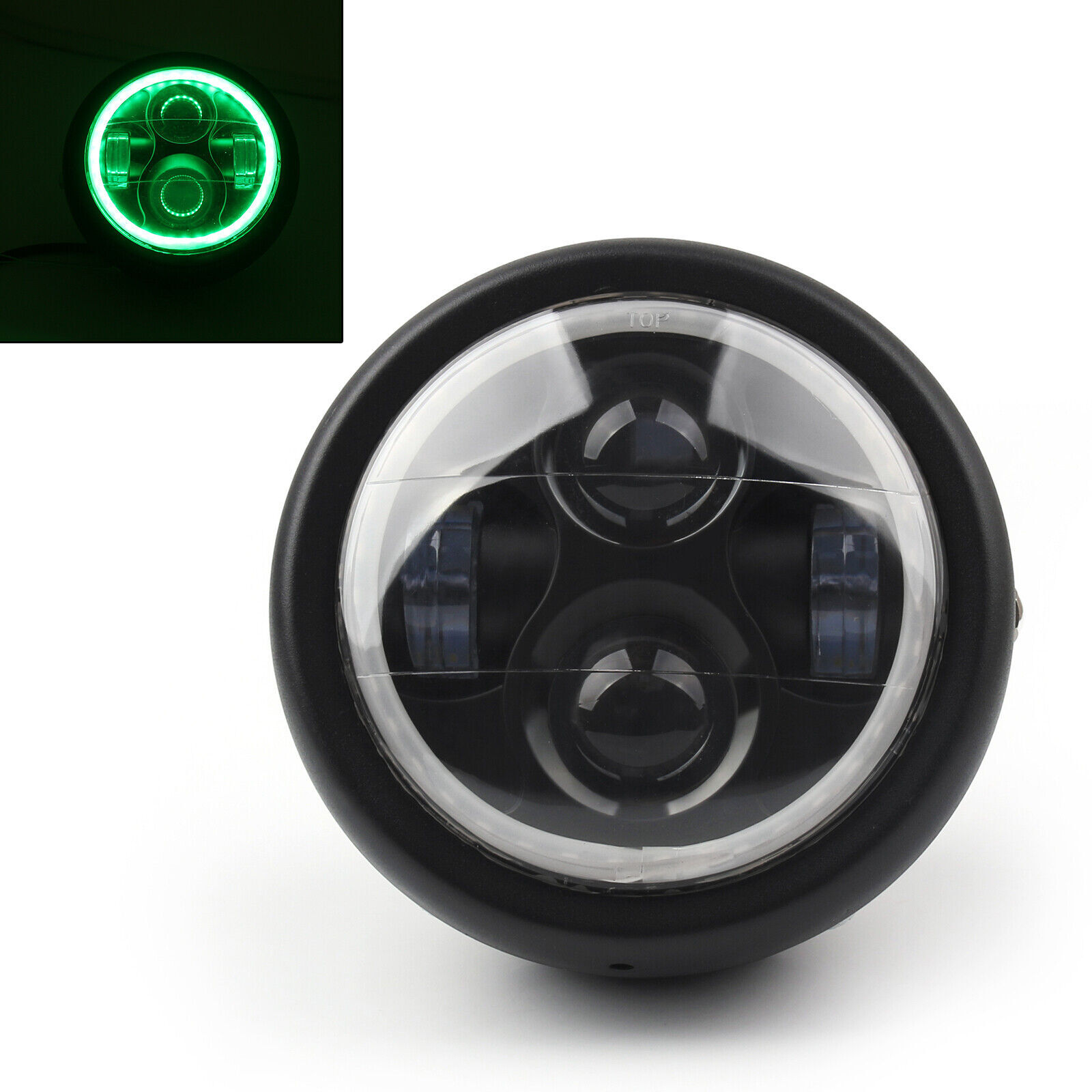 6 1/2" Motorcycle LED Headlight Green Halo Ring For Cafe Racer Chopper ...