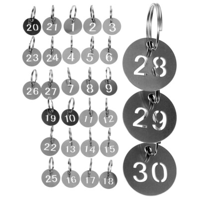 30Pcs Number ID Tags Key Chain Stainless Steel Numbered 1-30 Tags Round ...