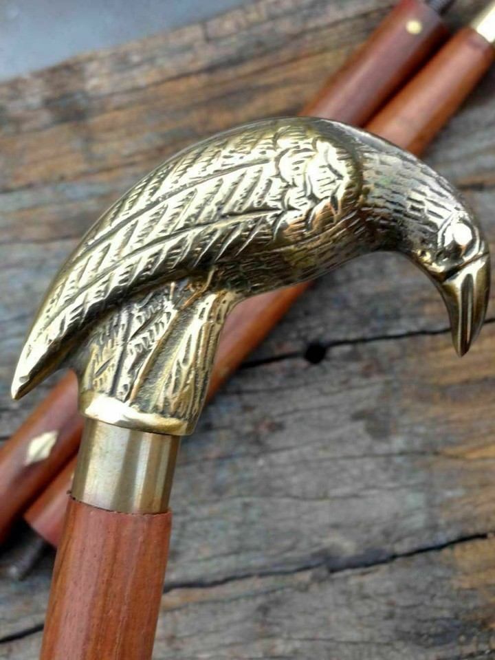 Antique Brass Raven Handle Designer Style Wooden Walking Stick Vintage ...