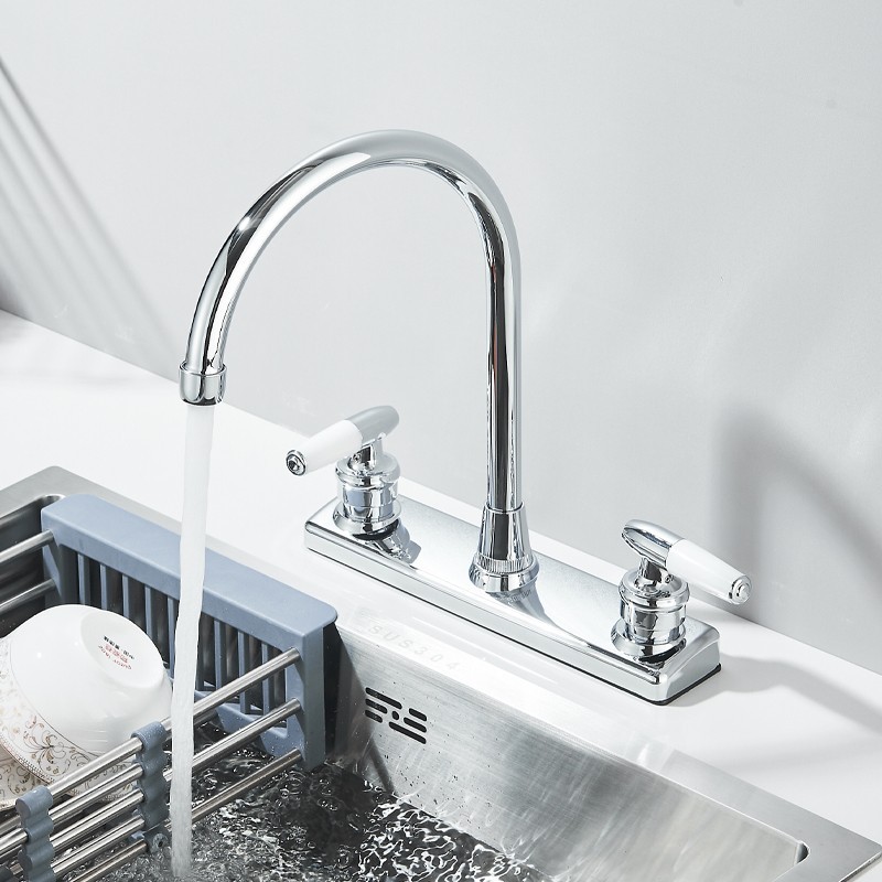 Chrome 4 In Center Kitchen Sink Faucet 2 Handle 3 Holes Swivel RV Bar ...