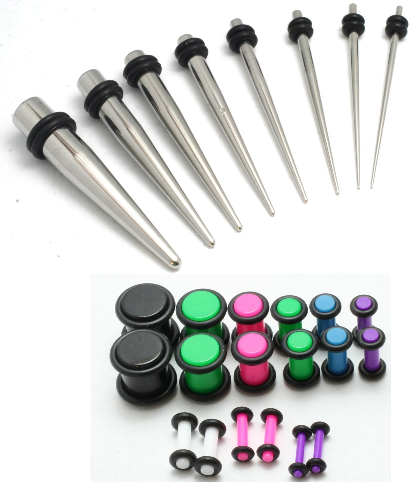 24pc Steel Ear Stretching Kit Tapers Neon Plugs 0g 2g 4g 8g 10g 12g 14g ...