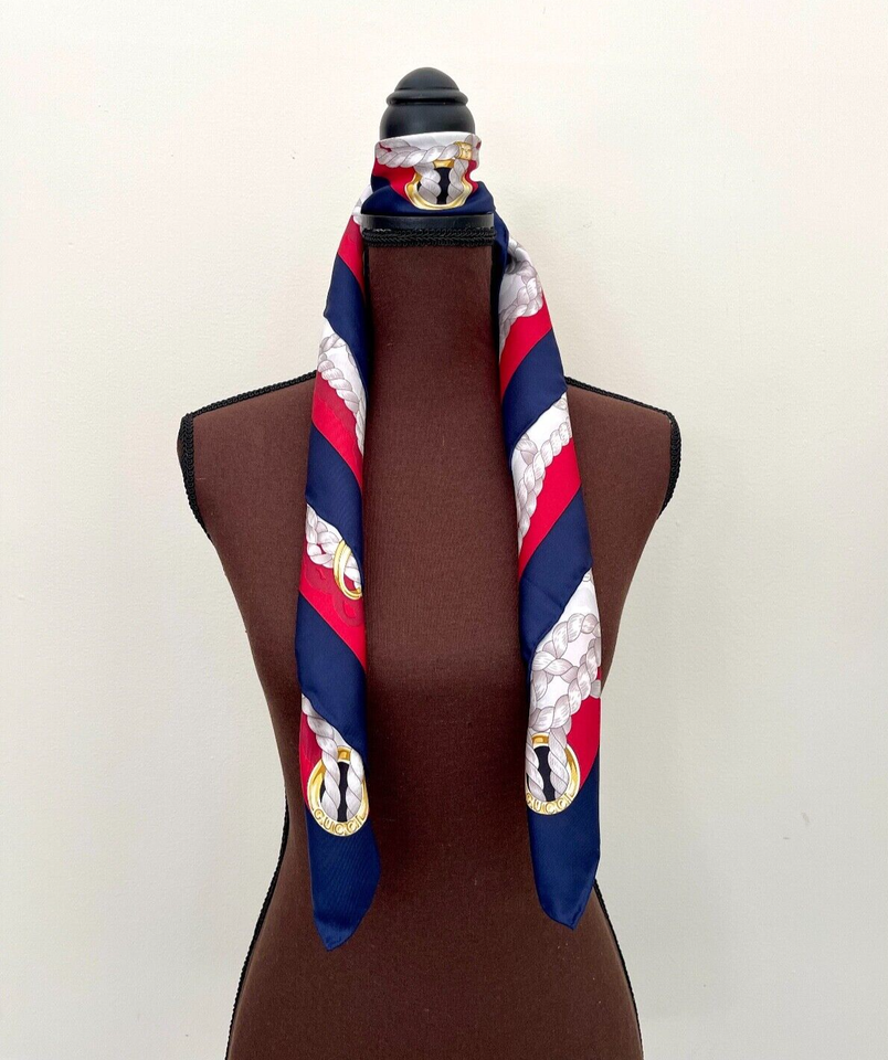 New Gucci Scarf White Ropes Print Red Blue Border Silk Wrap with Gucci ...