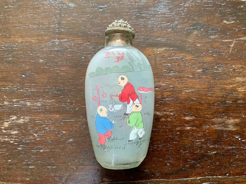 Three Chinese Old Glass Colored Glaze Hand Painted Snuff Bottles with ...