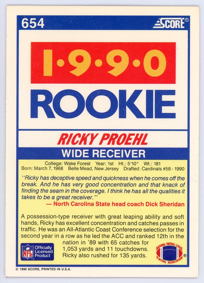 Ricky Proehl Autographed Signed 1990 Score Card #654 Phoenix Cardinals ...
