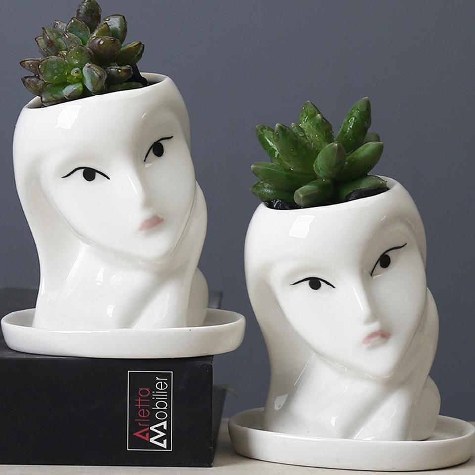 1pc Cartoon Girl Design Bonsai Flower Pot Ceramic Planter Desktop ...