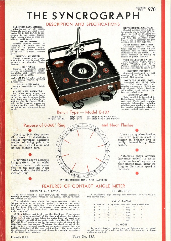 Allen Electric Co Syncrograph Distributor Tester Owners Manual Tune-up ...