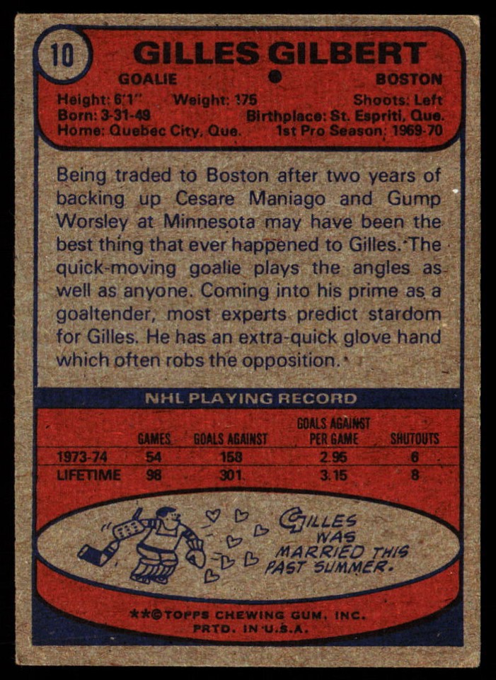 Topps 1974-75 Topps #10 Gilles Gilbert | eBay