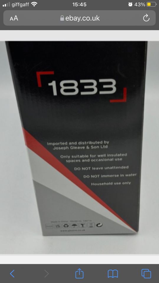 Joseph Gleave Electric Fan Heater 1kw/2kw Model 136714 Cable Plug new ...