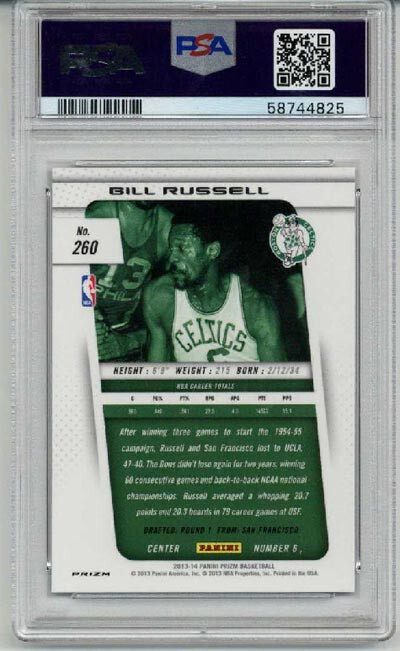 2013 PANINI PRIZM RED WHITE BLUE #260 BILL RUSSELL CARD CELTICS PSA 9 ...