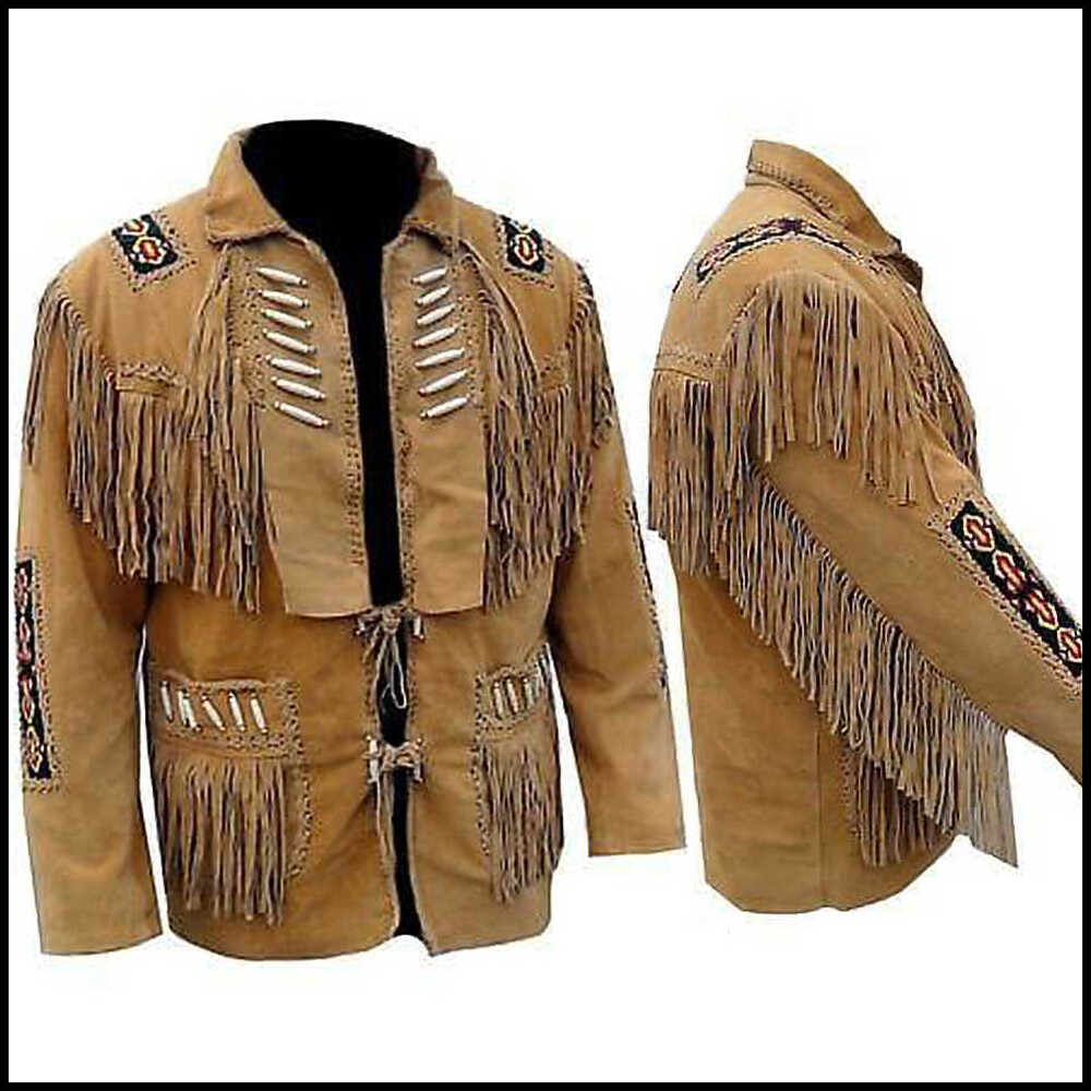 Men Brown Native American Western Cowboy Leather Jacket Suede Fringe ...
