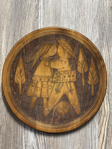 Vintage Scandinavian Brass Copper Inlaid Wooden Plate with Figures | eBay